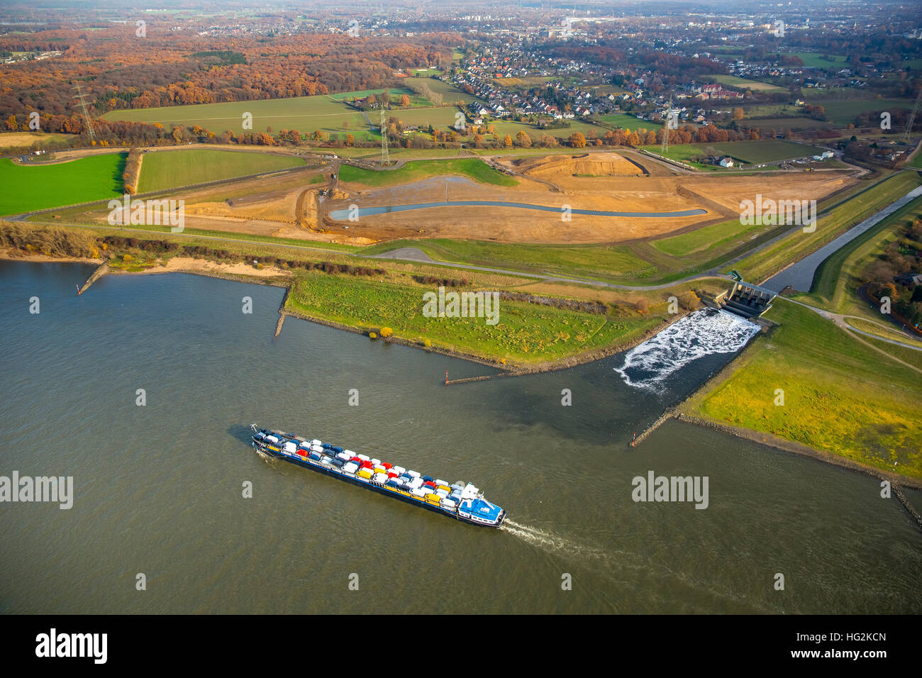 Aerial view, Emscher estuary, Rhine meadows, Dinslaken, Rhine ...