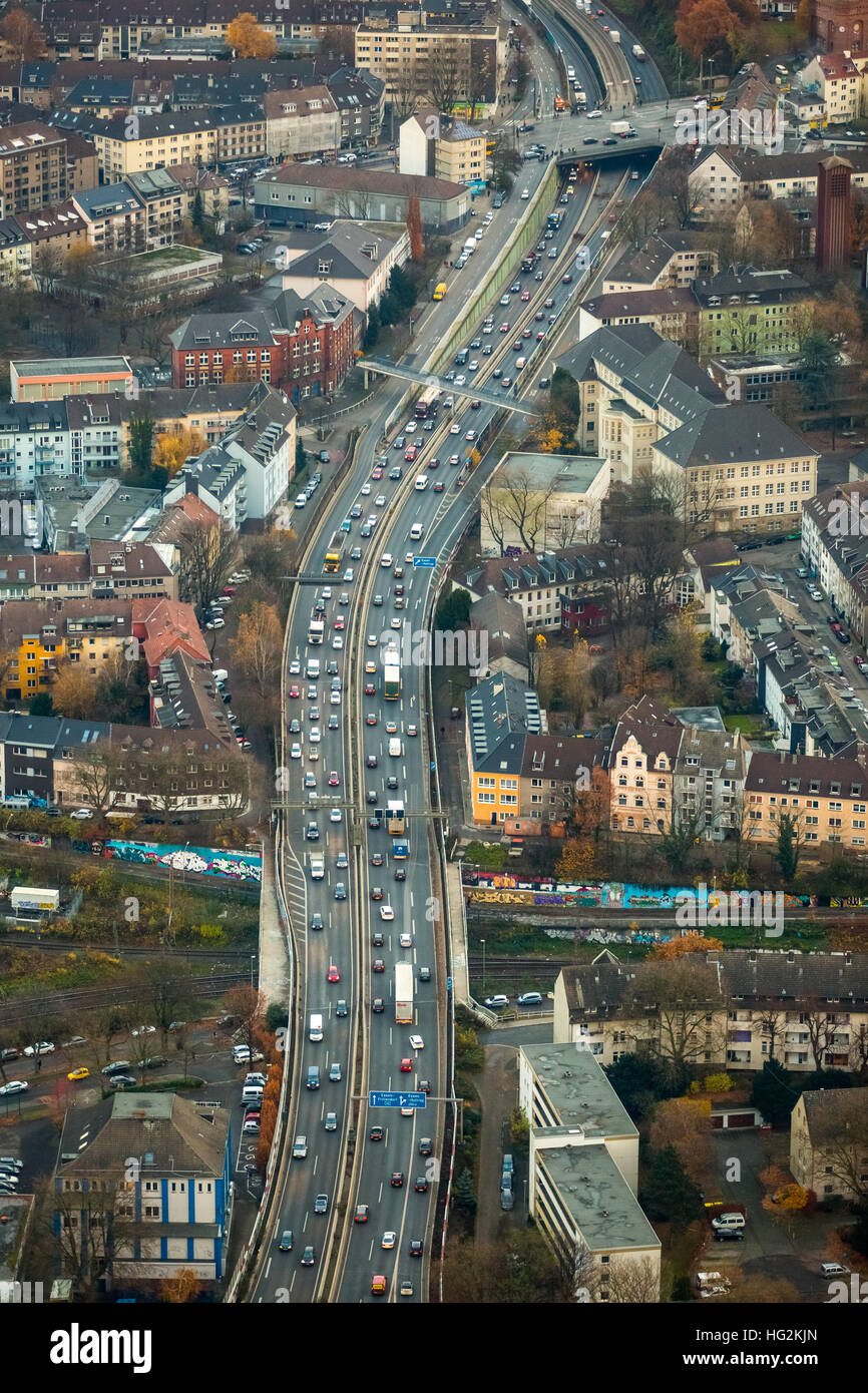 Aerial view, city highway A40, Ruhrschnellweg east of downtown, Essen ...