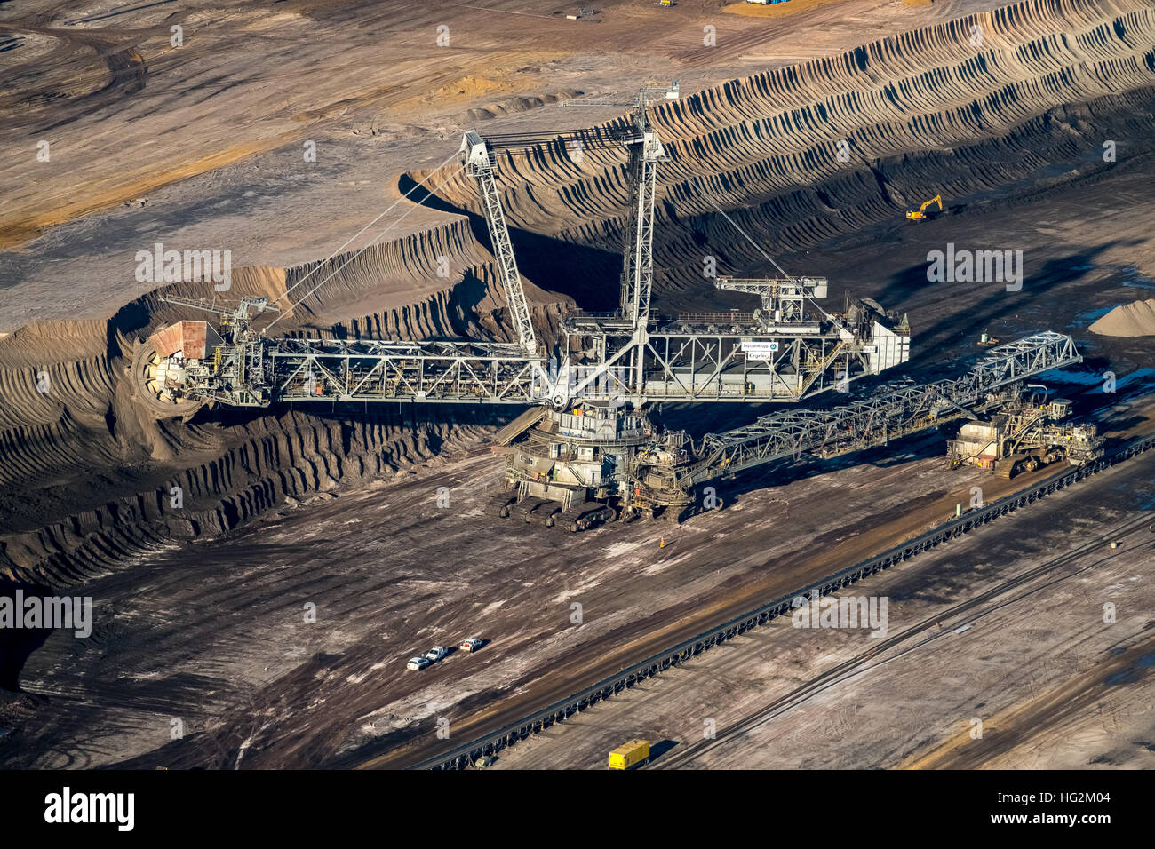 Aerial view, brown coal excavator in lignite opencast Garzweiler ...