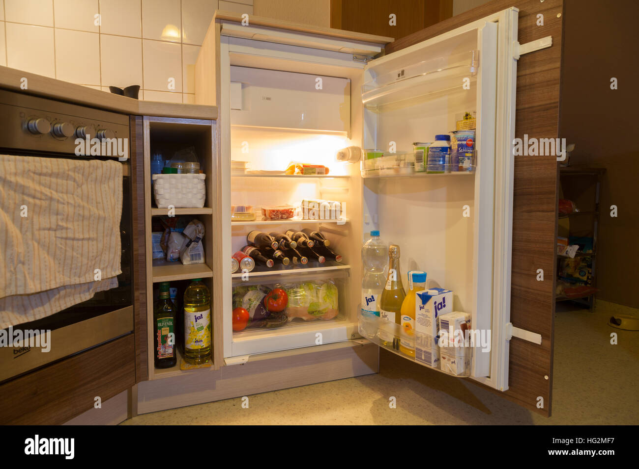 BURG / GERMANY - JANUARY 2, 2017: open fridge in a german household ...