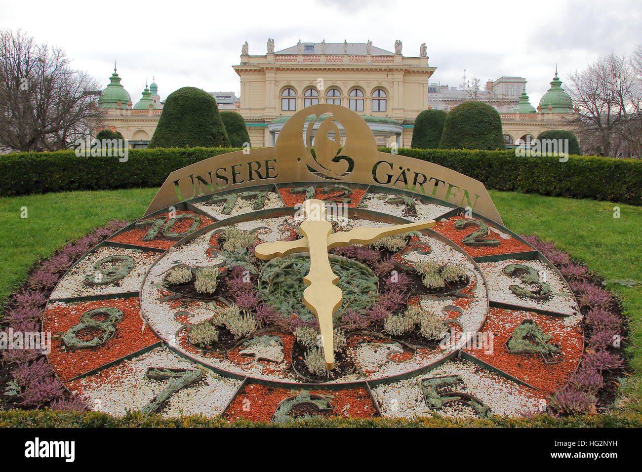 Unsere clock in the Stadtpark in Vienna image in landscape format Stock Photo - Alamy
