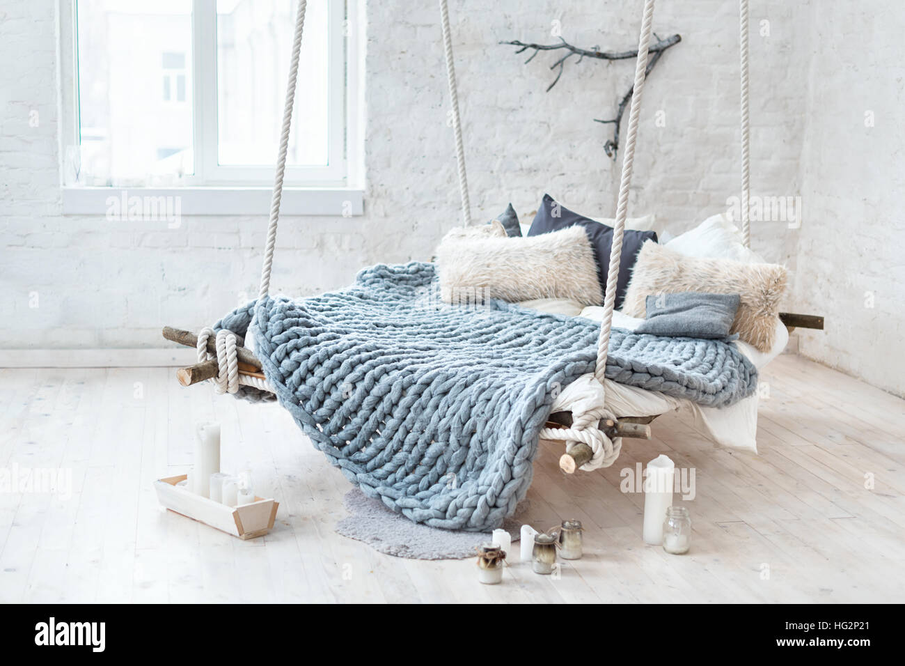White loft interior in classic scandinavian style. Hanging bed ...