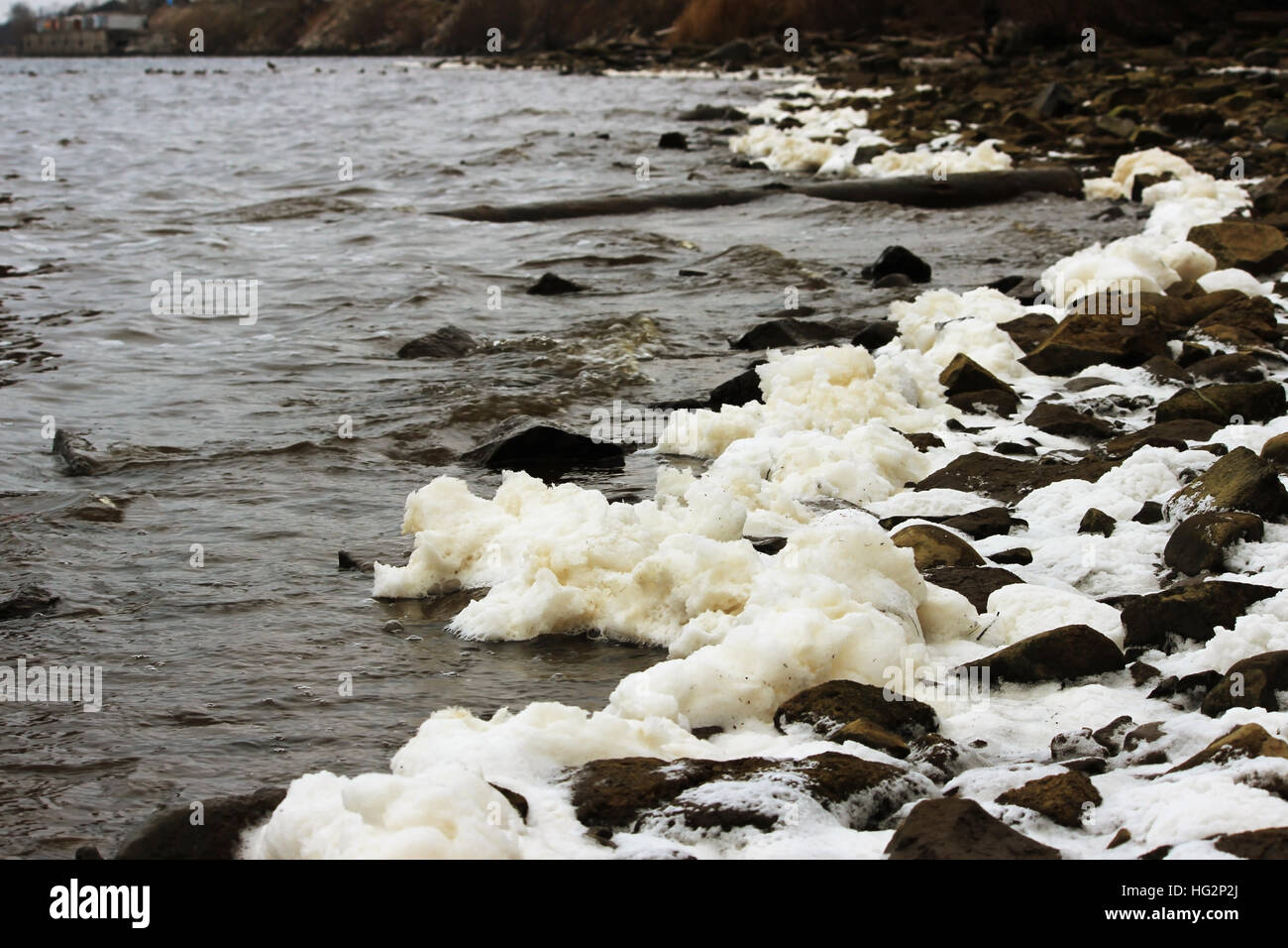 river thick white foam was frozen in the frosty air in autumn Stock ...