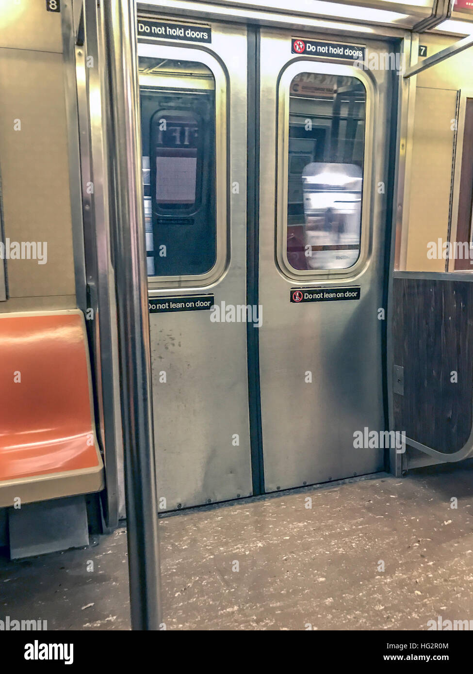 Subway Mass transit New York City inside with looking at door Stock ...