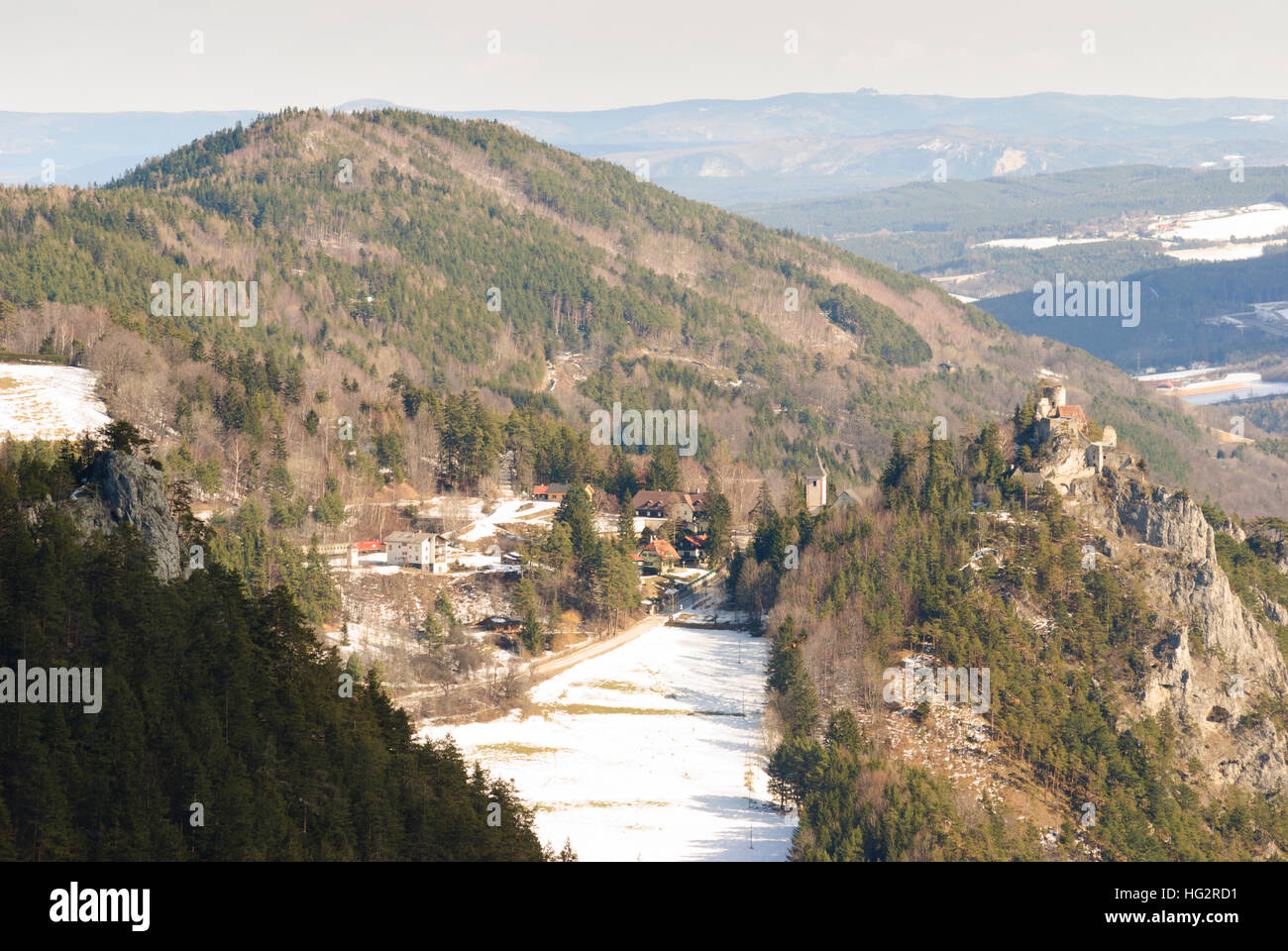 Breitenstein: view to Klamm and the Klamm Castle, Wiener Alpen, Alps ...
