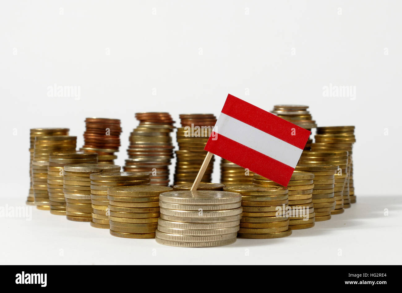 Austria flag waving with stack of money coins Stock Photo - Alamy
