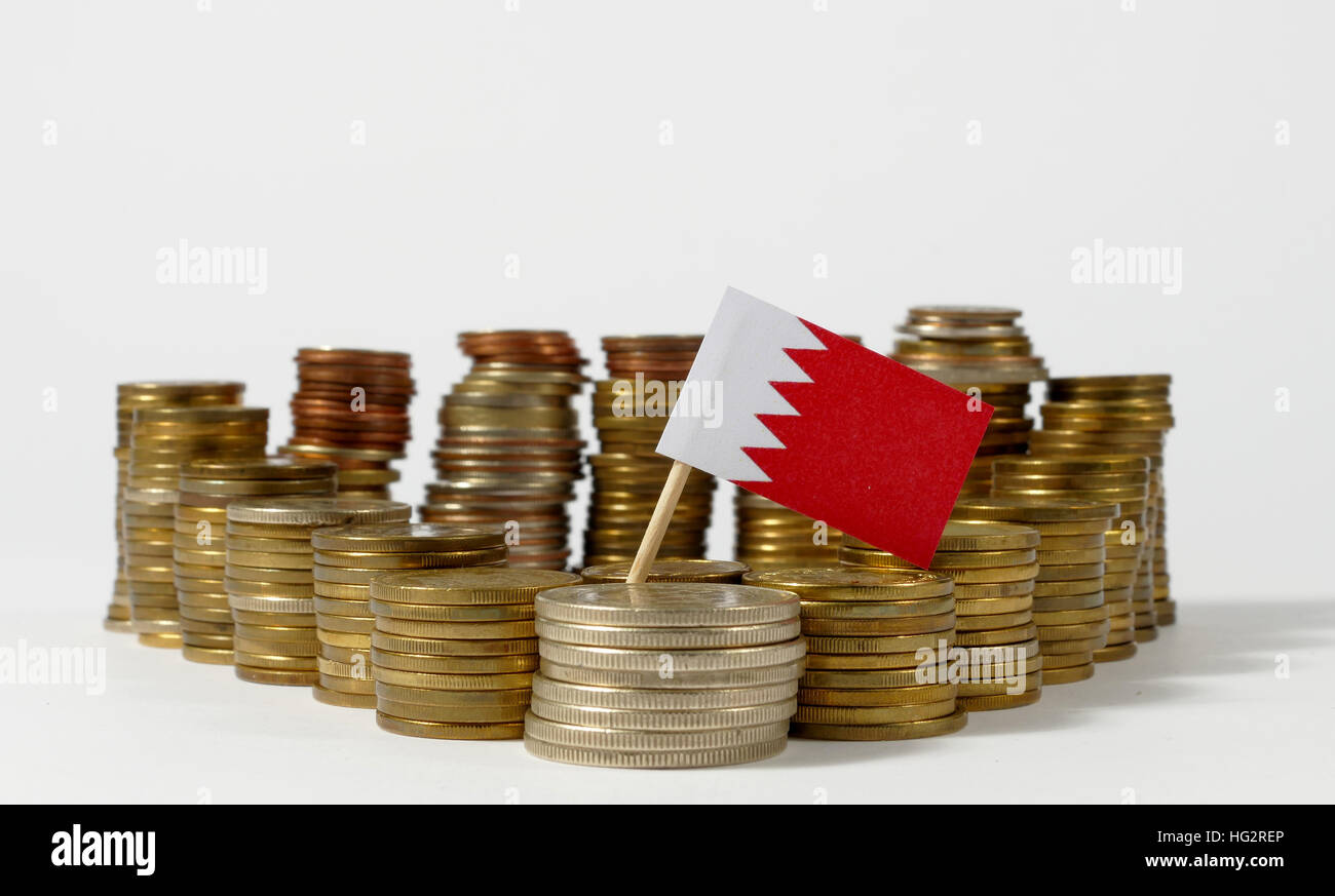 Bahrain flag waving with stack of money coins Stock Photo - Alamy