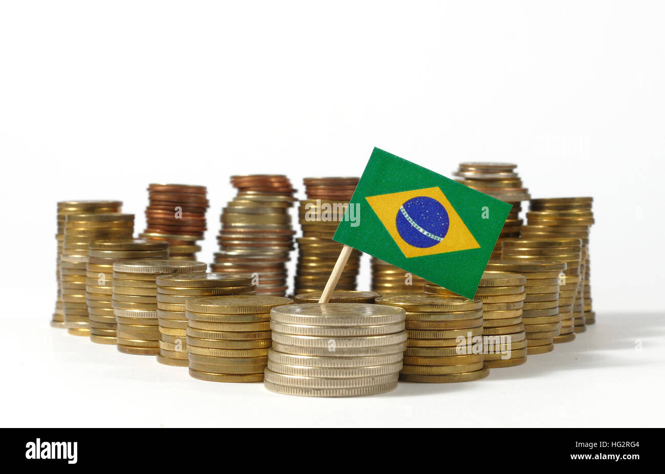 Brazil flag waving with stack of money coins aid hi-res stock ...