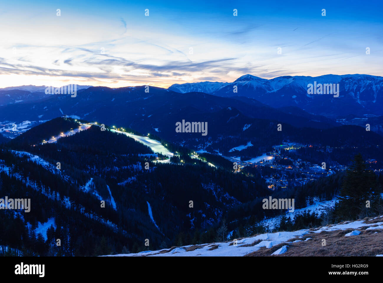Semmering: Sunset in Semmering with night skiers at the Hirschenkogel ...
