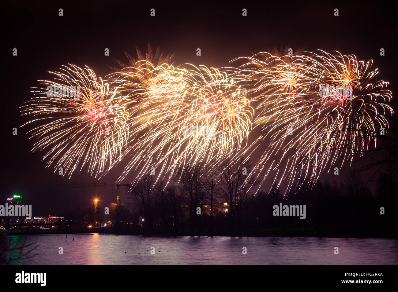 Beautiful fireworks during New Year’s Eve celebration in Riga, Latvia ...