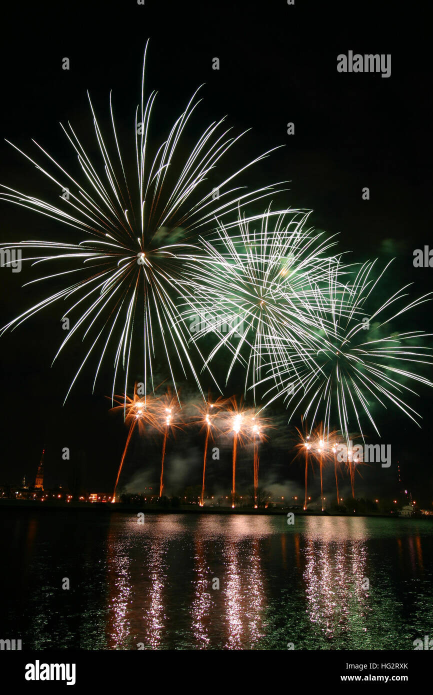 Beautiful fireworks during New Year’s Eve celebration in Riga, Latvia ...