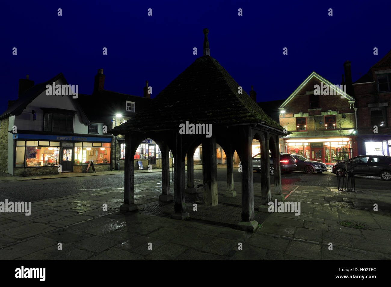 The Wooden Buttercross at night, market town of Oakham, Rutland County ...