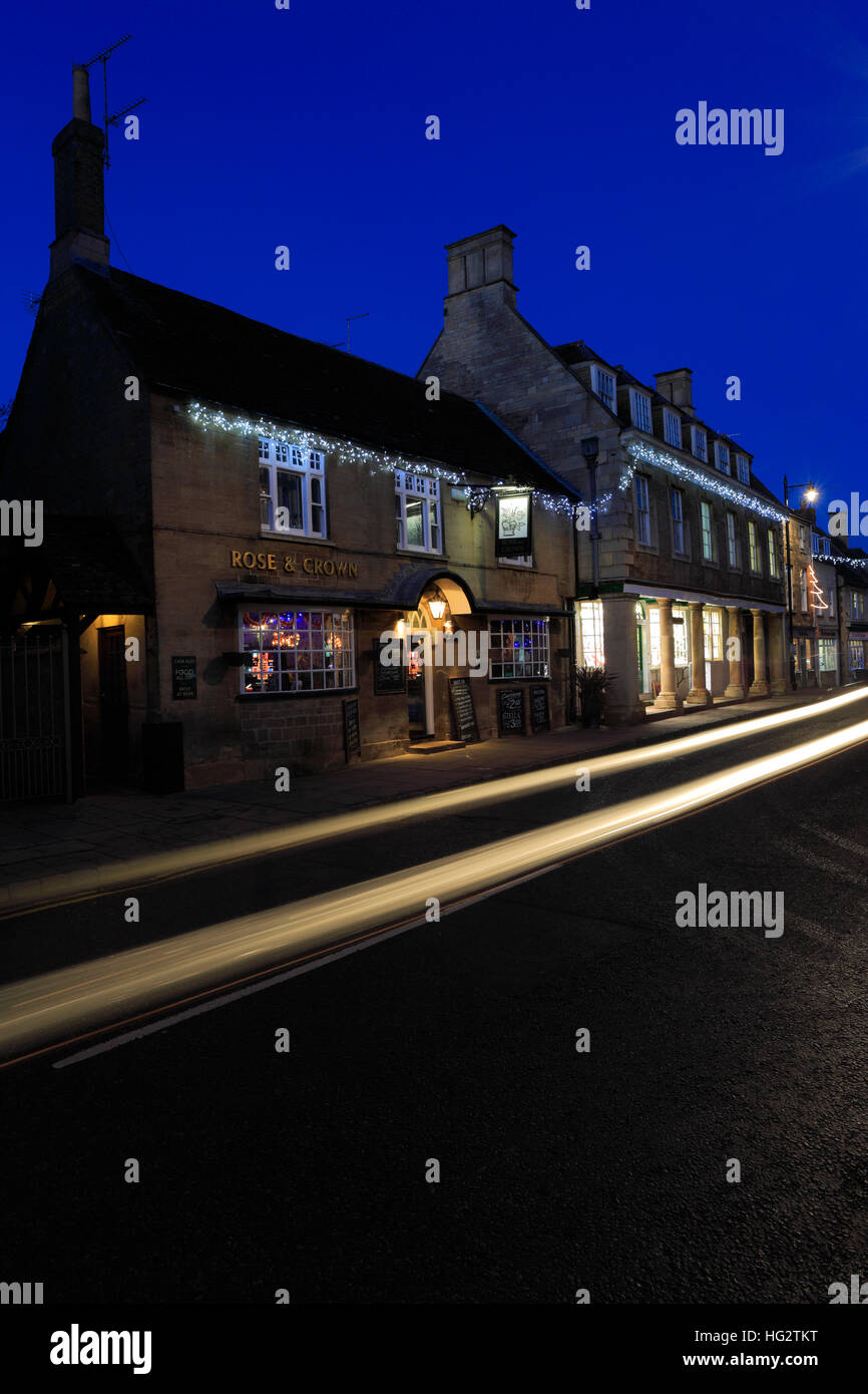 Christmas lights at night, Market Place, Oundle town, Northamptonshire ...
