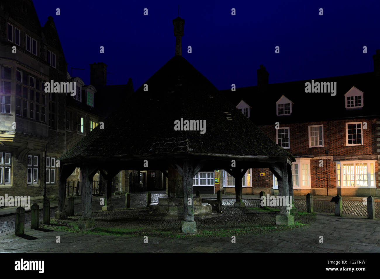 The Wooden Buttercross at night, market town of Oakham, Rutland County ...