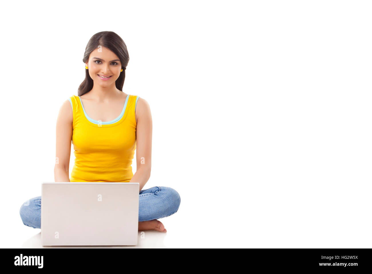 young Woman Sitting With Laptop Stock Photo - Alamy