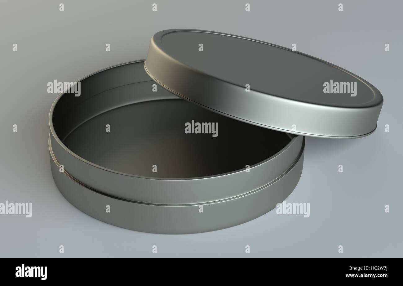 Metal round box on gray background Stock Photo - Alamy