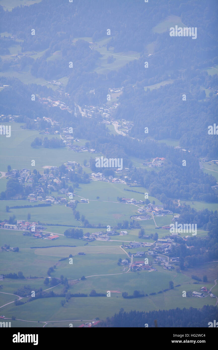 Aerial view of a mountain village in the Alps mountains, in Austria ...