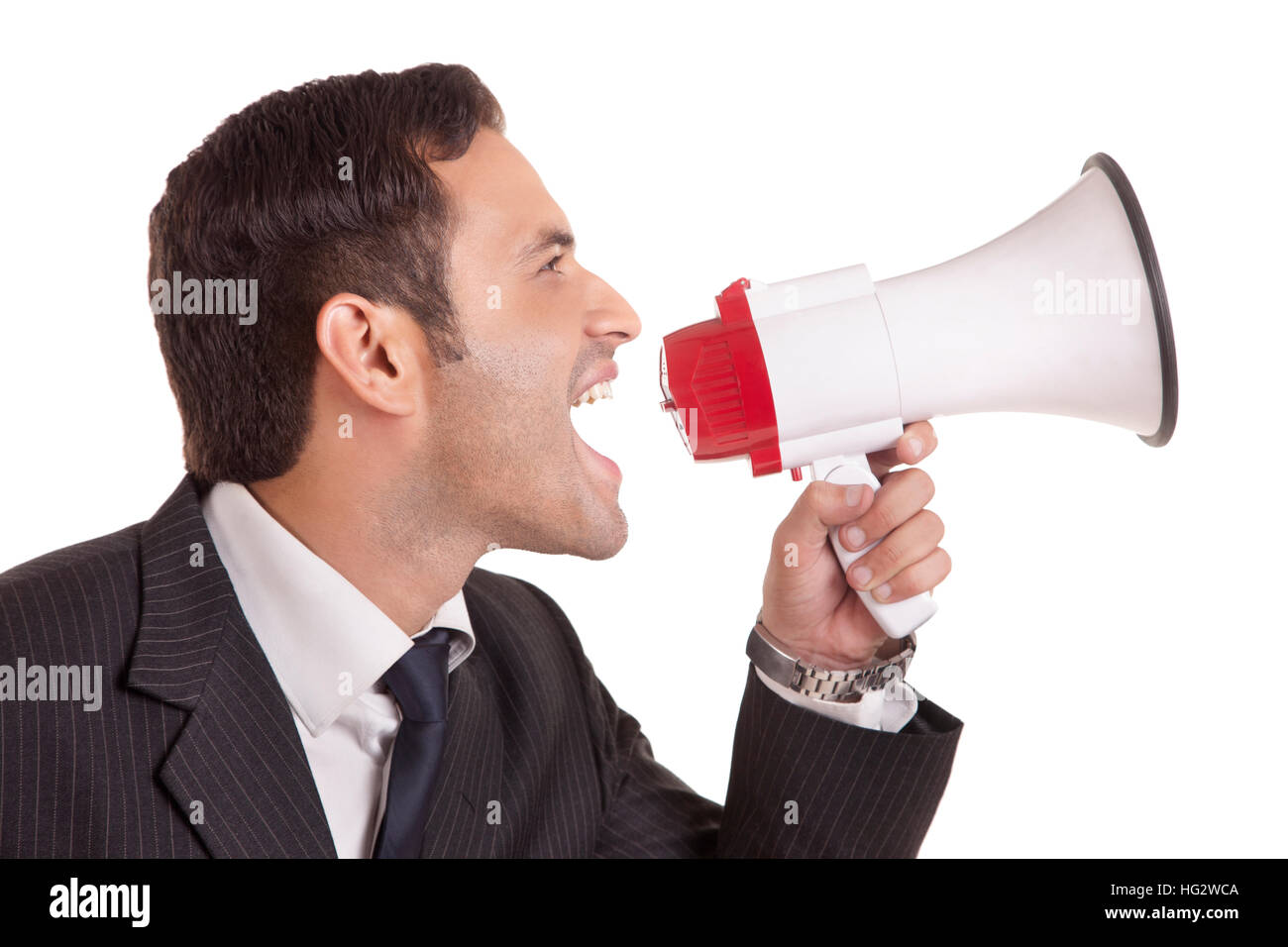businessman shouting through megaphone Stock Photo - Alamy