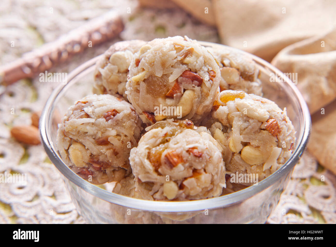 Close up of ladoos in a glass bowl , indian sweet Stock Photo - Alamy