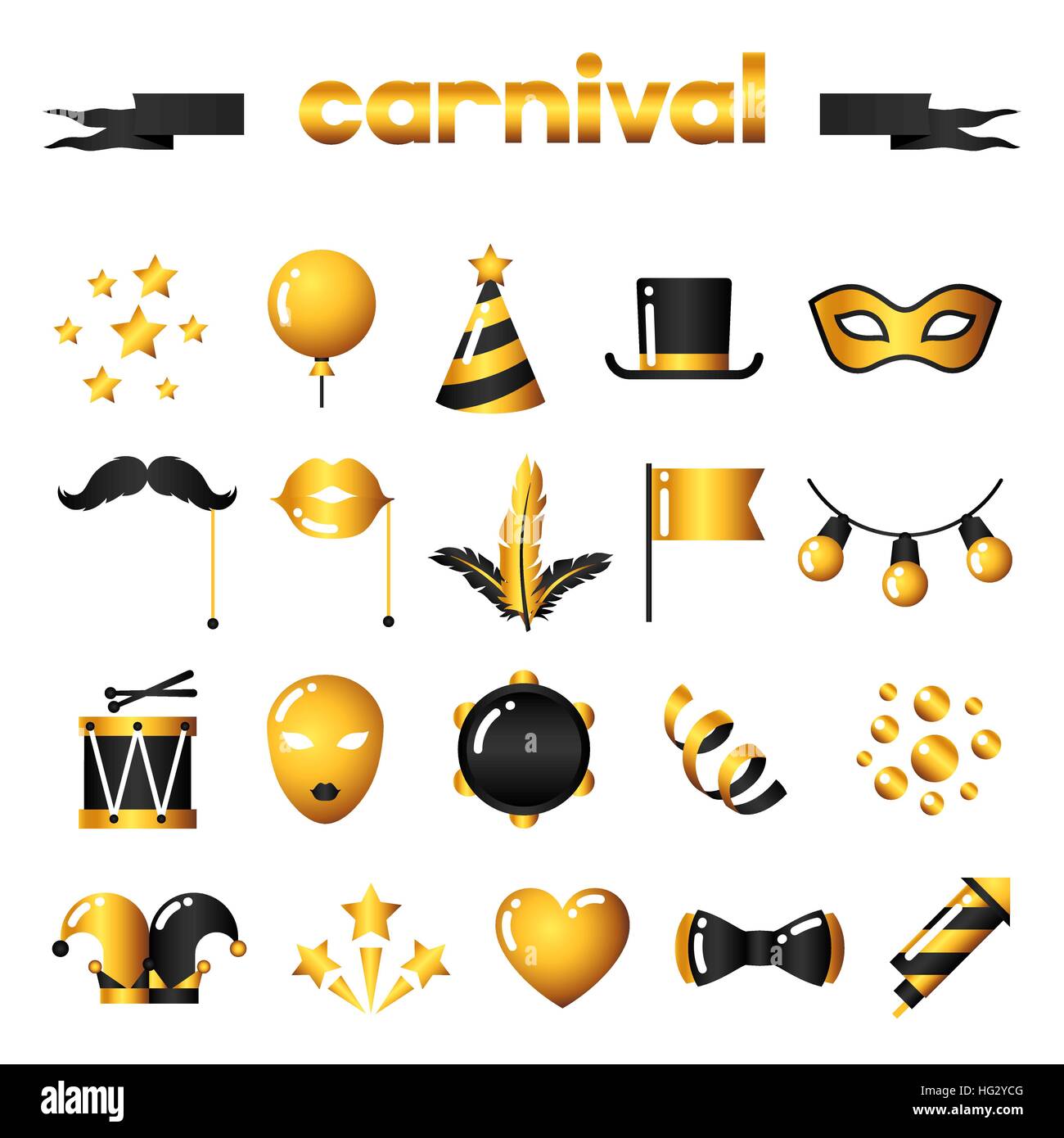 Set of carnival gold icons and objects. Celebration party items Stock ...