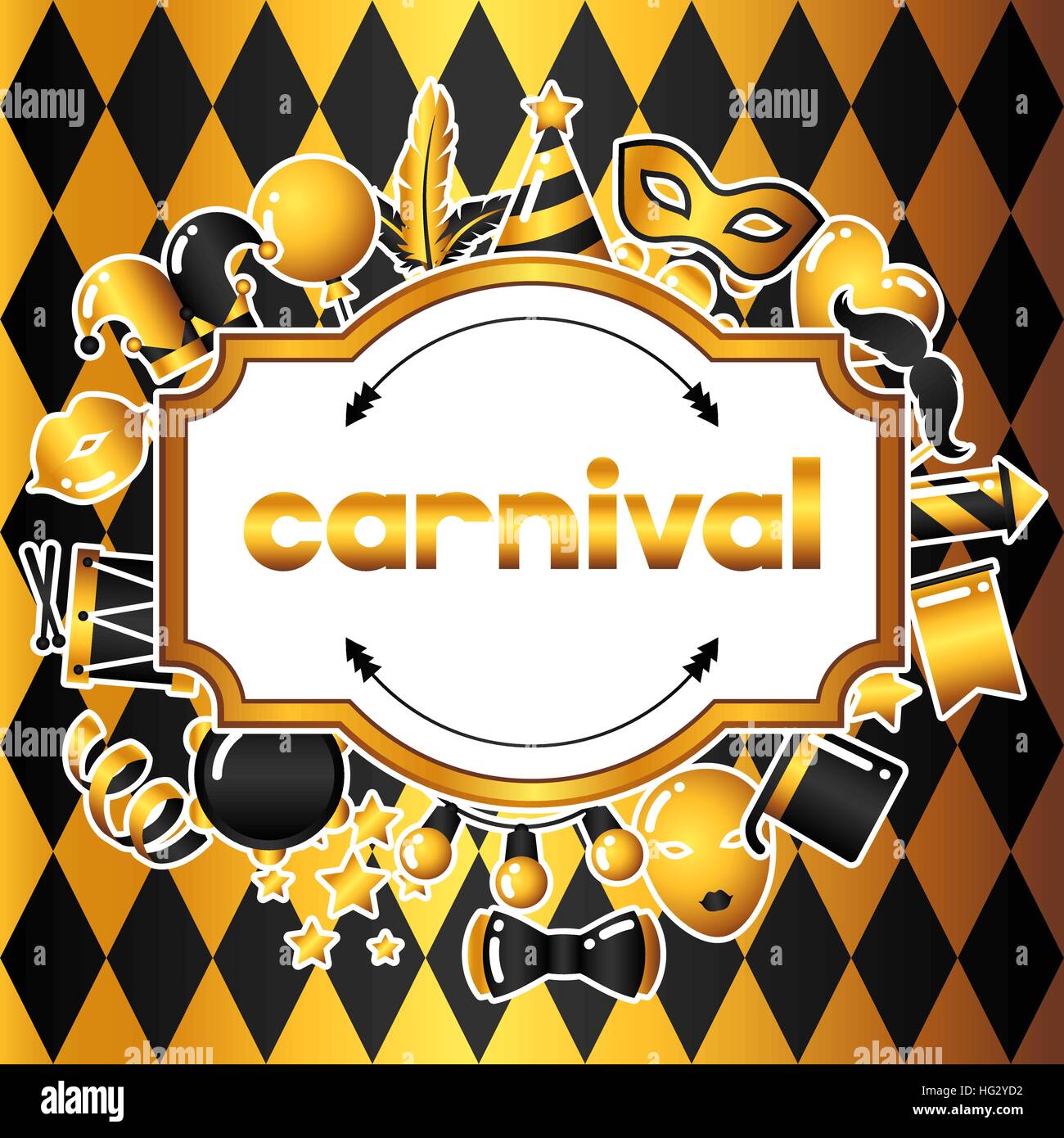Carnival invitation card with gold icons and objects. Celebration party ...