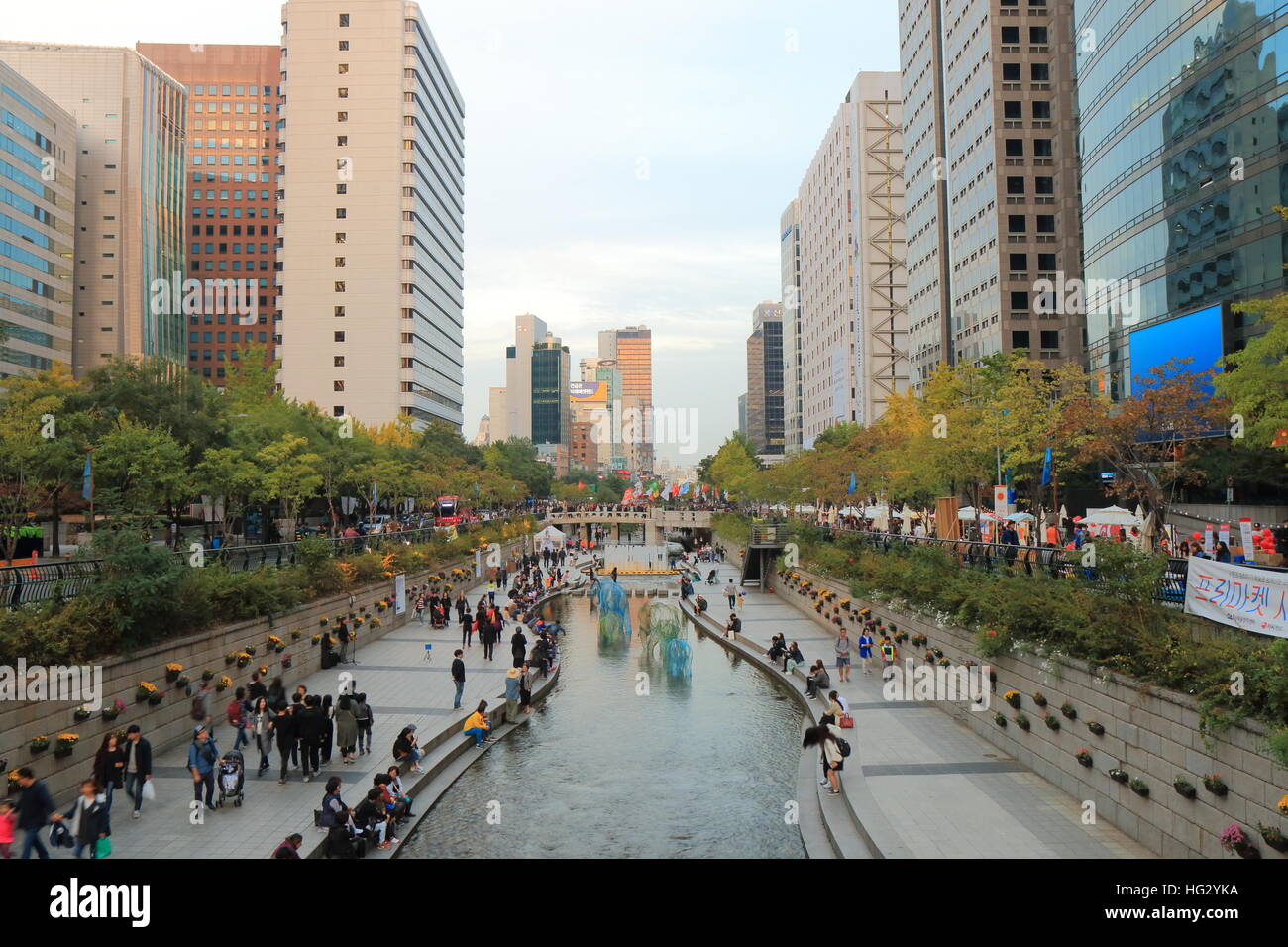 People visit Cheonggyecheon stream in Seoul South Korea. Cheonggyecheon ...