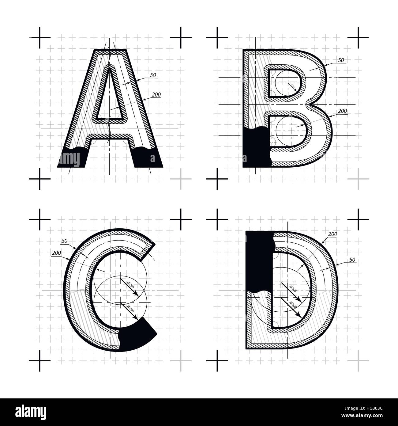 Architectural sketches of A B C D letters. Blueprint style font on ...