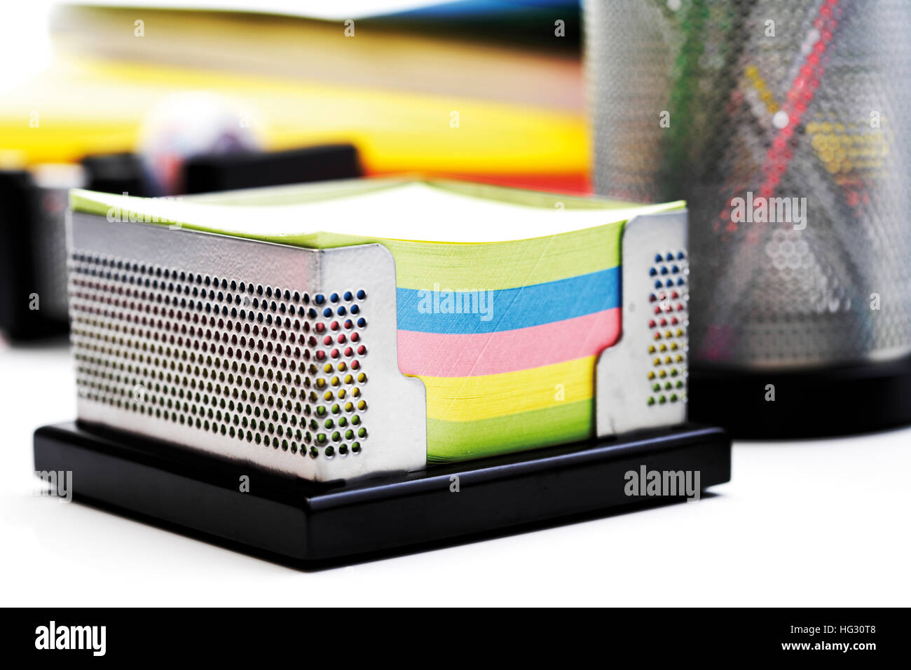 Office stationery: Notepad box and pen holder Stock Photo - Alamy