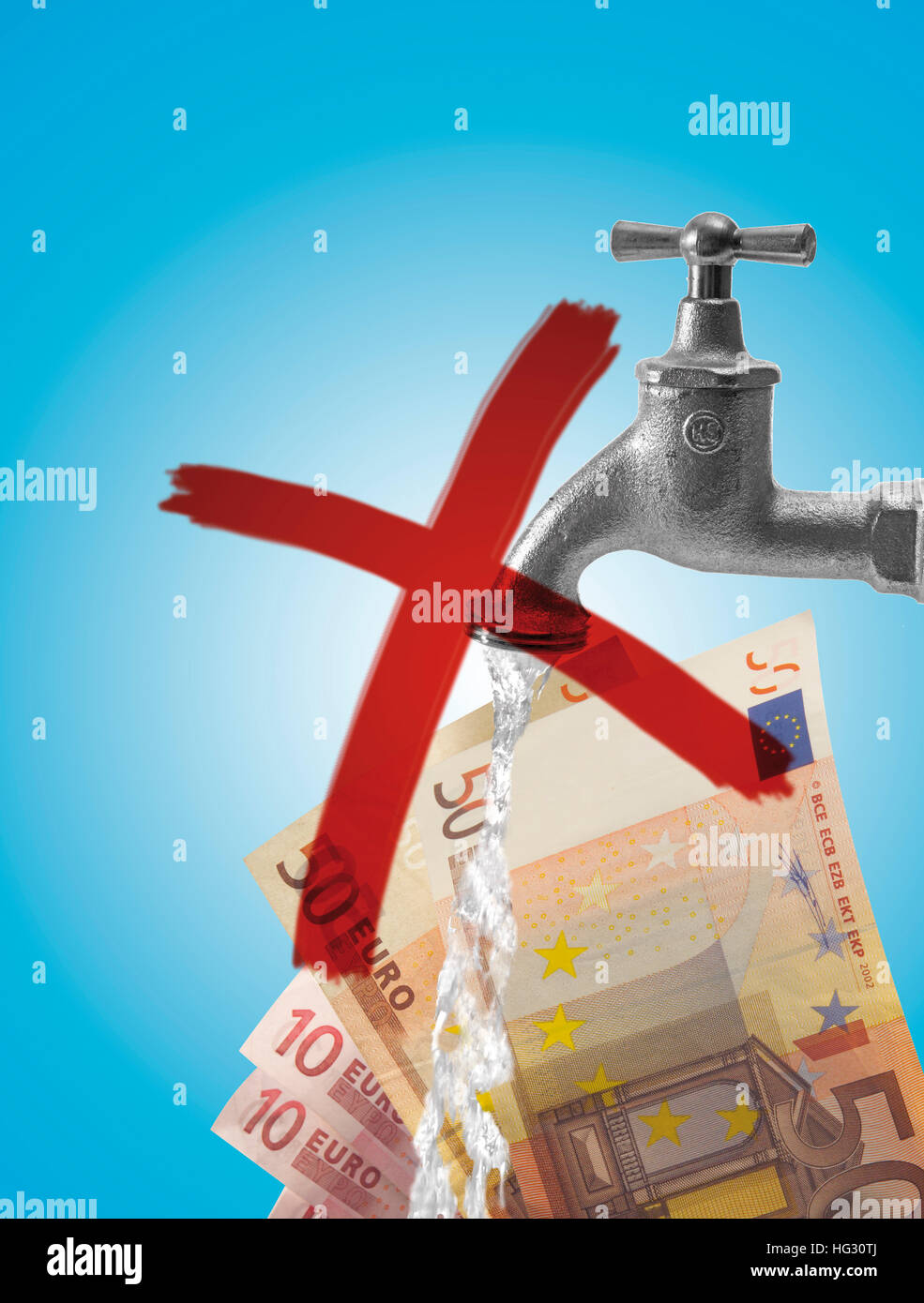 Crossed-out water tap (faucet) and Euro bills (composing shot): symbol ...