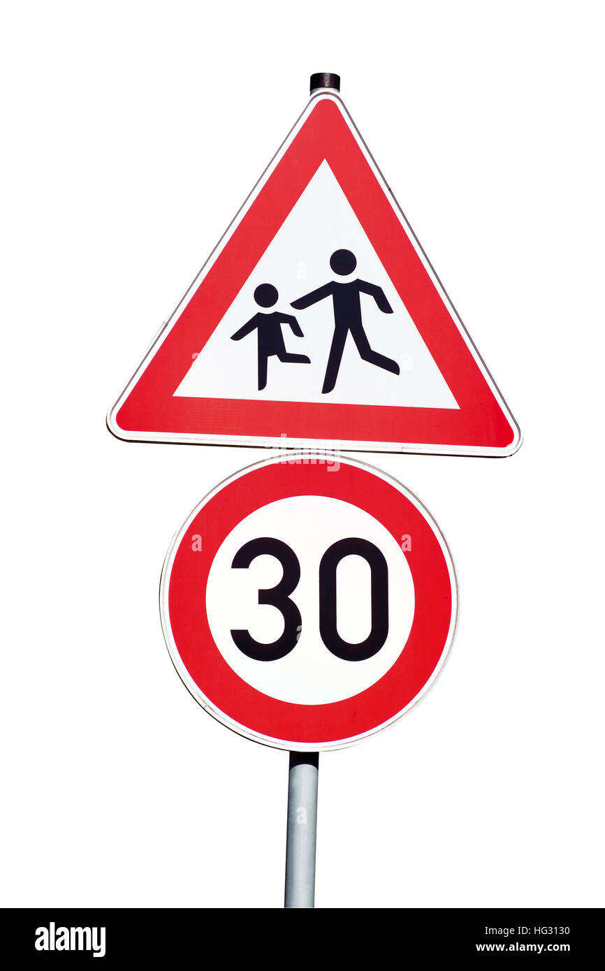Traffic sign: children playing, 30 km/h speed limit Stock Photo - Alamy