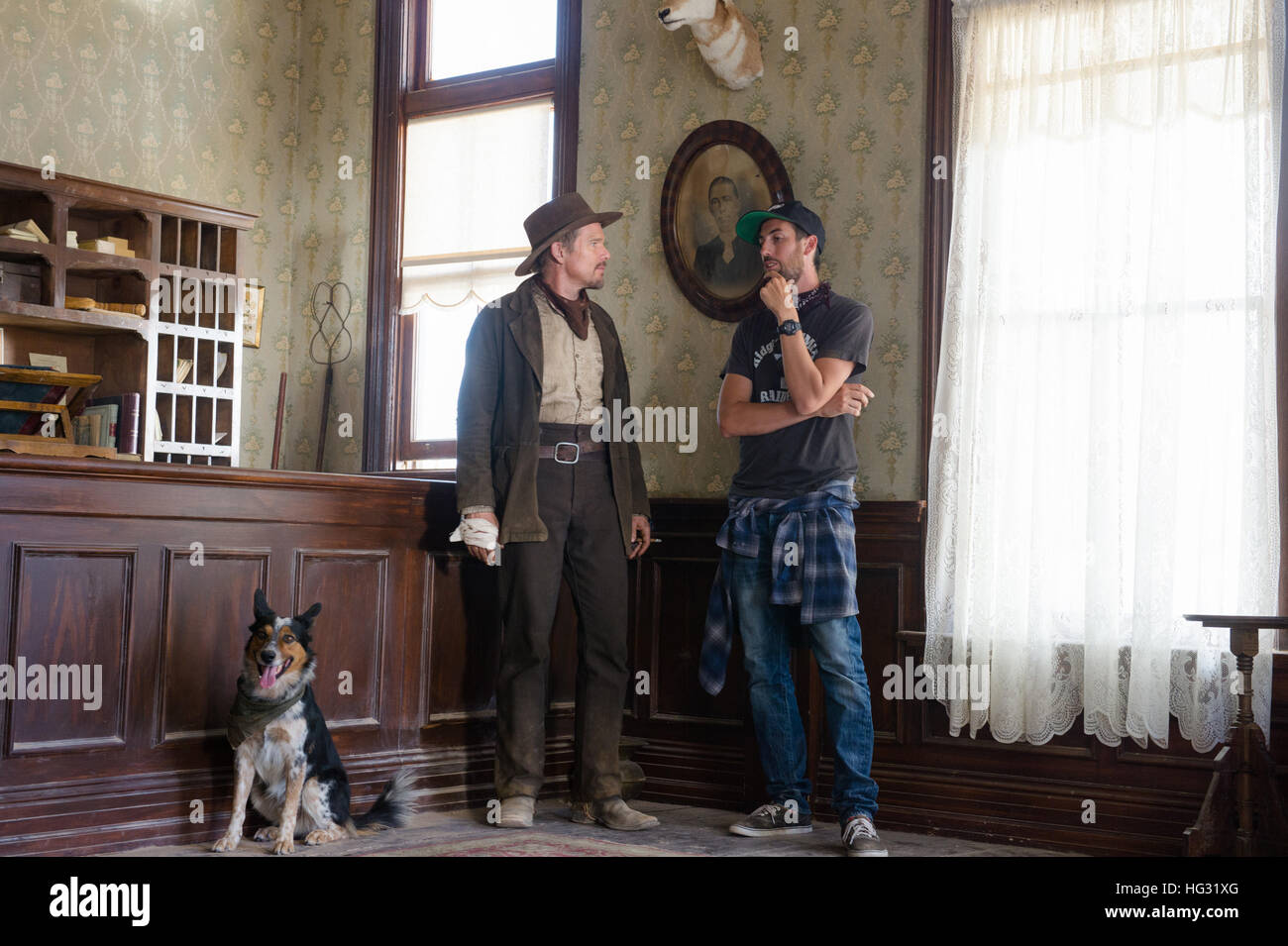 IN A VALLEY OF VIOLENCE, from left: Ethan Hawke, director Ti West, on ...