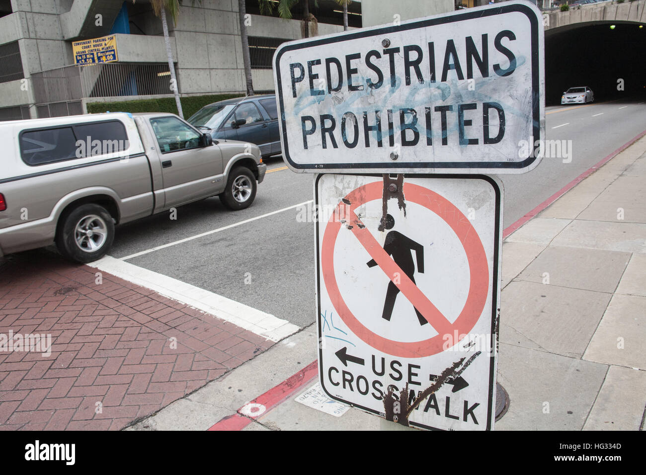 Pedestrians prohibited sign at entrance/exit to a tunnel in Downtown ...