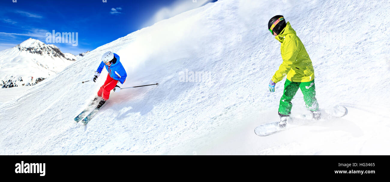 A snowboarder and ski driver on the piste in Alps in Austria Stock ...