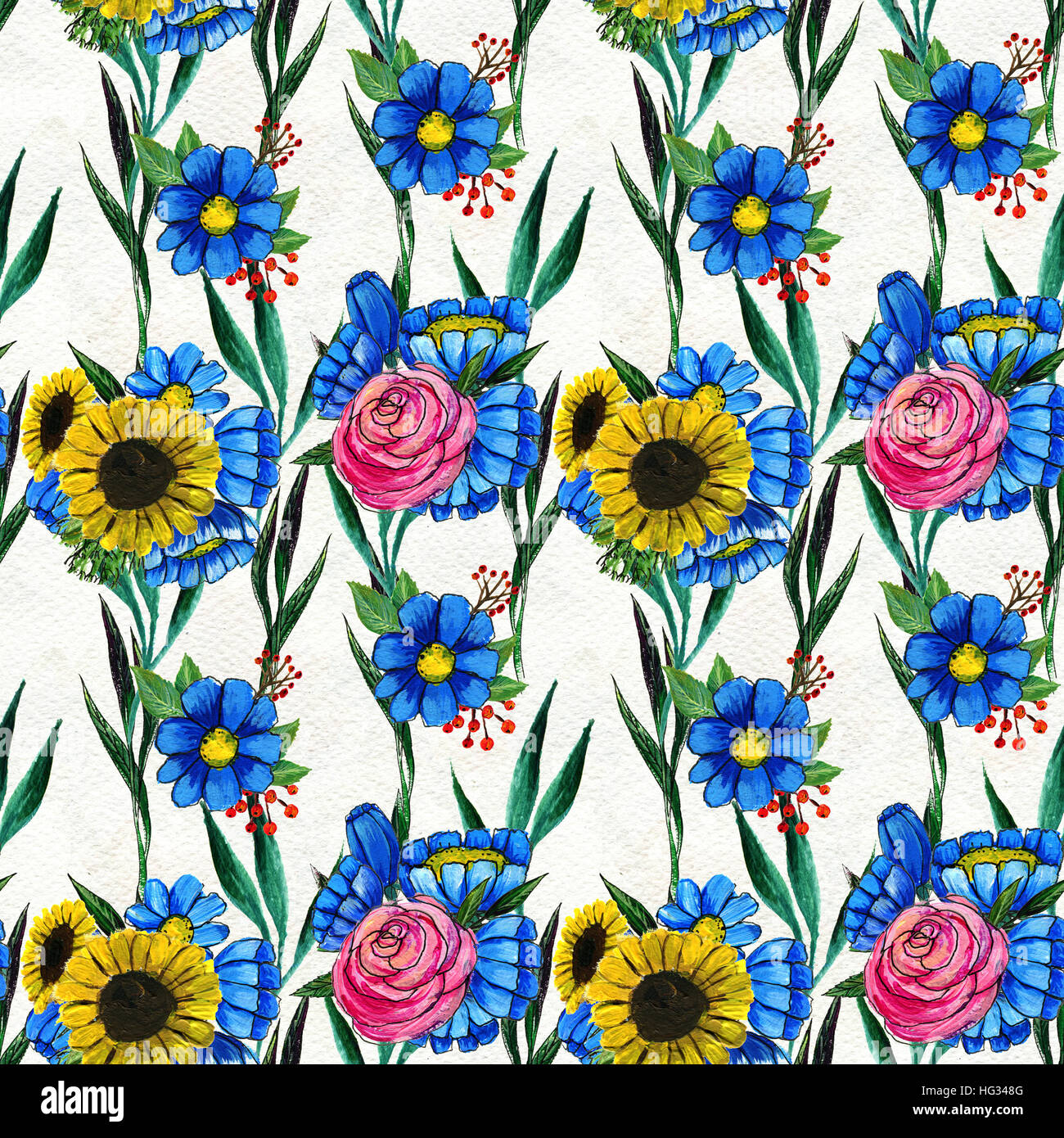 Seamless pattern with blue yellow and pink flowers Stock Photo - Alamy