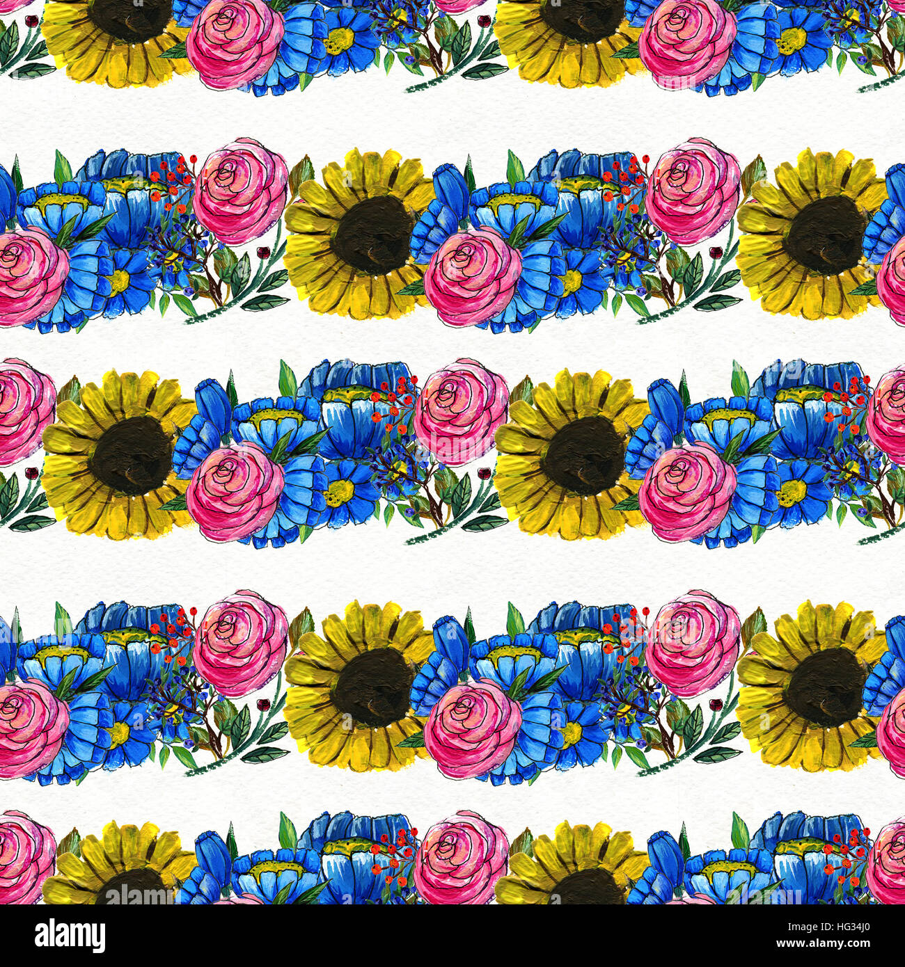 Seamless pattern with blue yellow and pink flowers Stock Photo - Alamy
