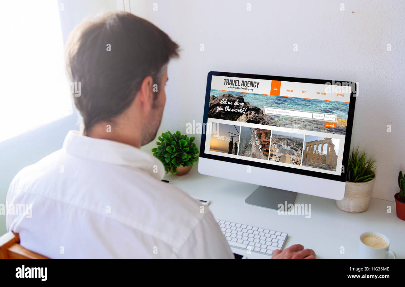 man travel agency with computer. All screen graphics are made up Stock ...