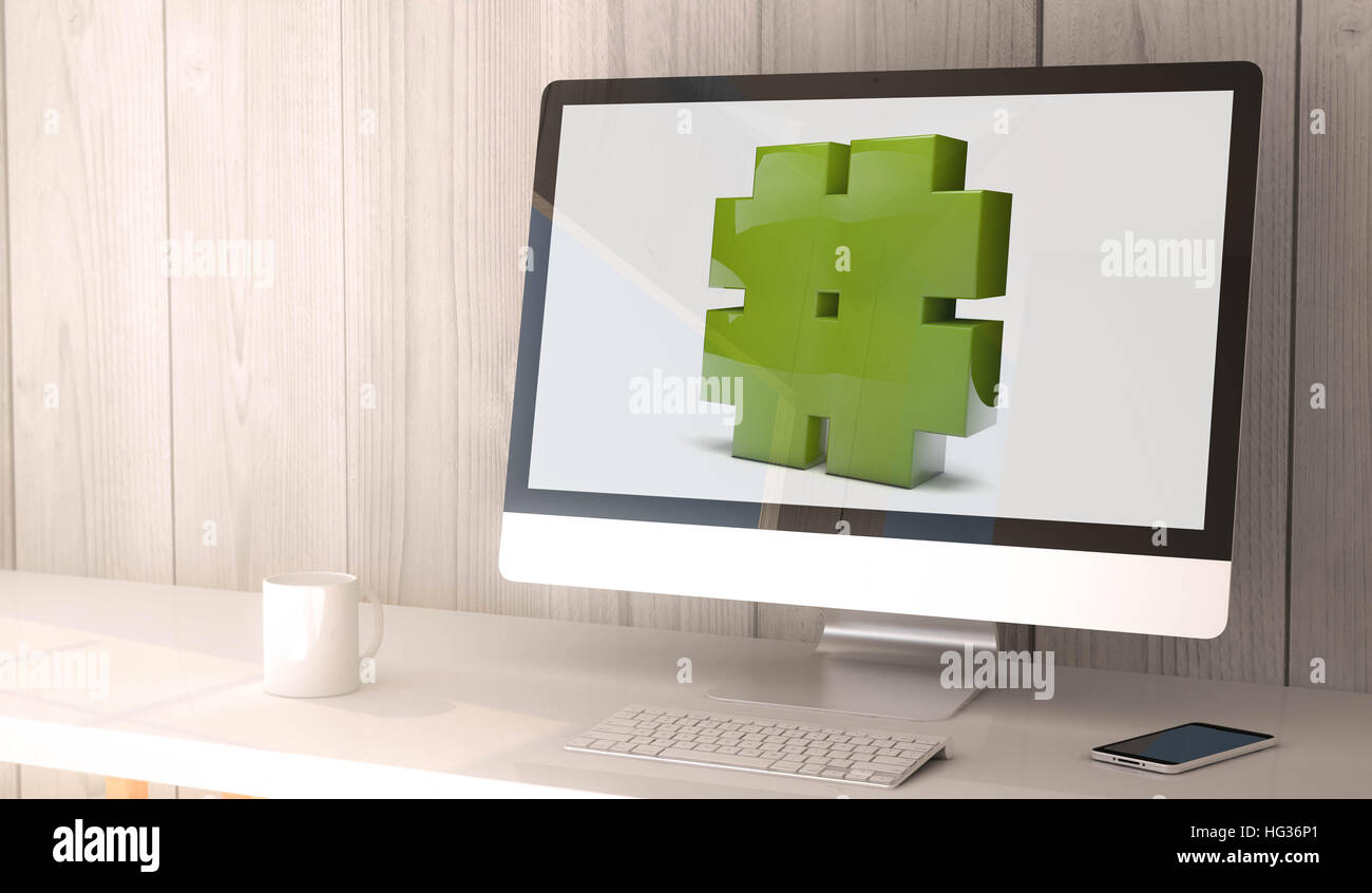 digital render generated workspace with hash sign on the screen of computer and smartphone. All ...