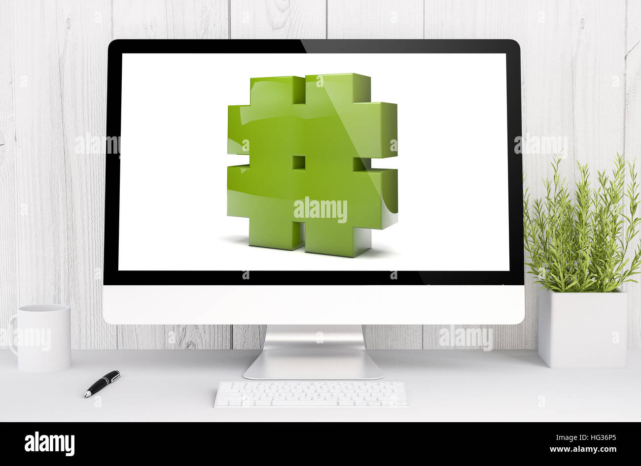 3d rendering hash sign on computer. All screen graphics are made up ...