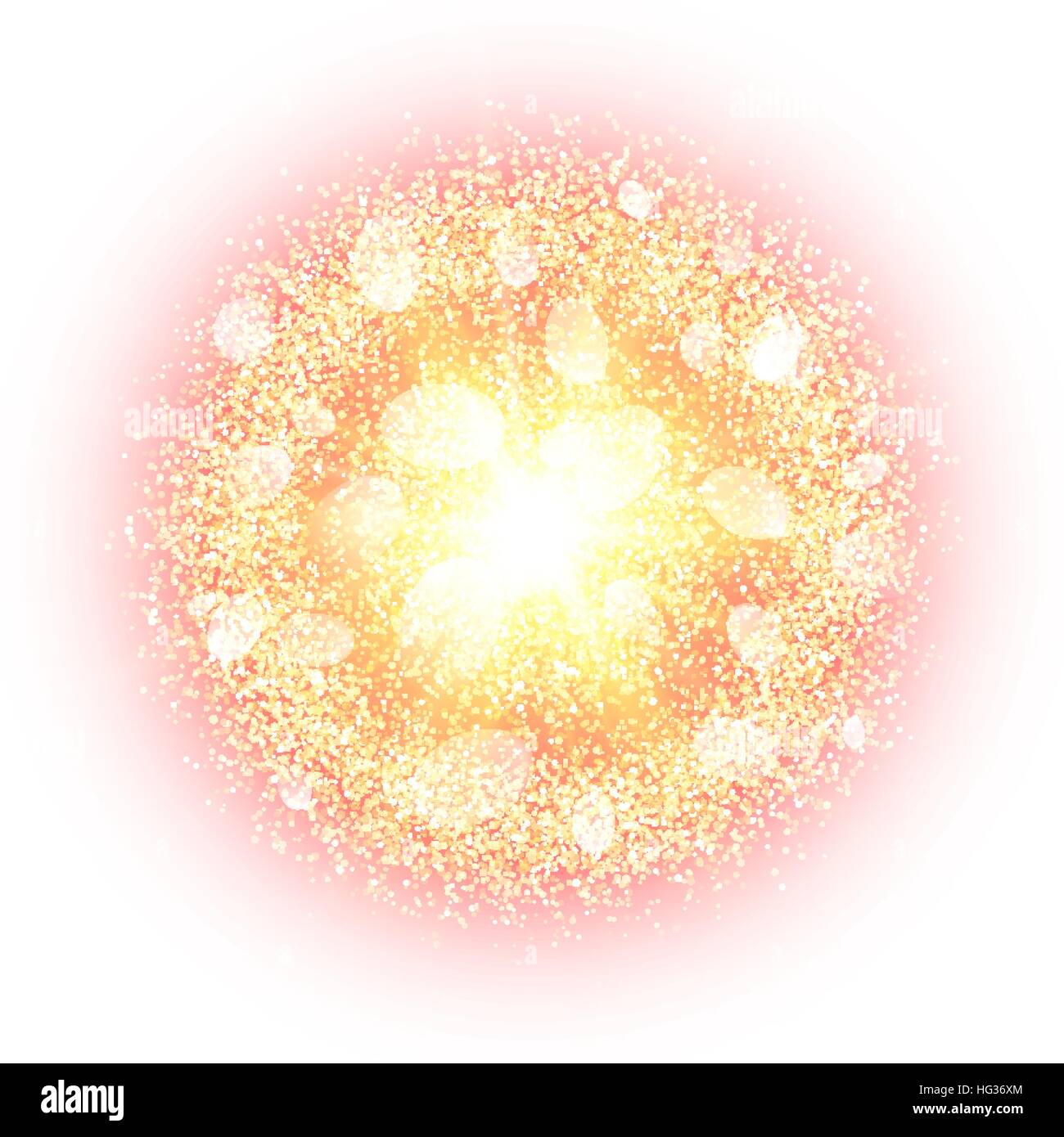 Abstract explosion with gold glittering elements isolated on white. Burst of glowing star. Dust ...