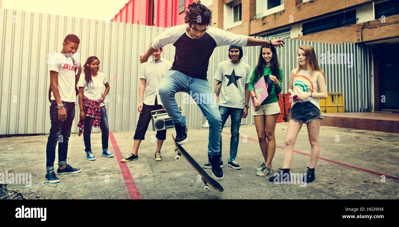 Diverse Group People Skateboard Park Concept Stock Photo - Alamy