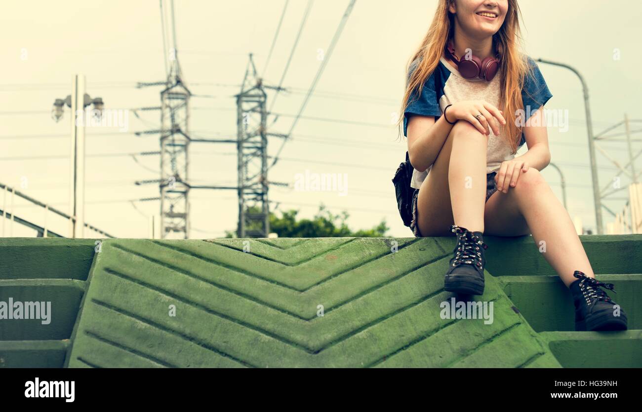 Teenager Girl Sitting Stairs Concept Stock Photo - Alamy