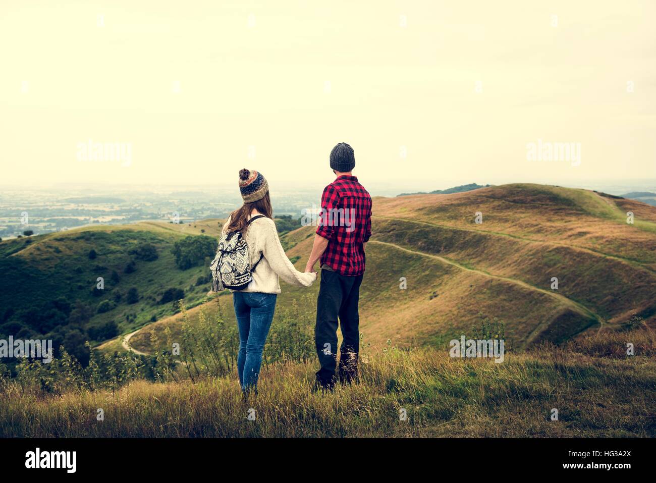 People Rear View Top Mountain Carefree Togetherness Concept Stock Photo ...