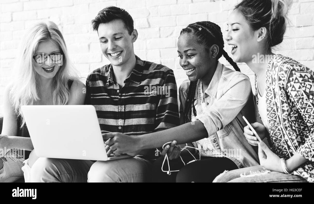 Man using laptop talking Black and White Stock Photos & Images - Alamy