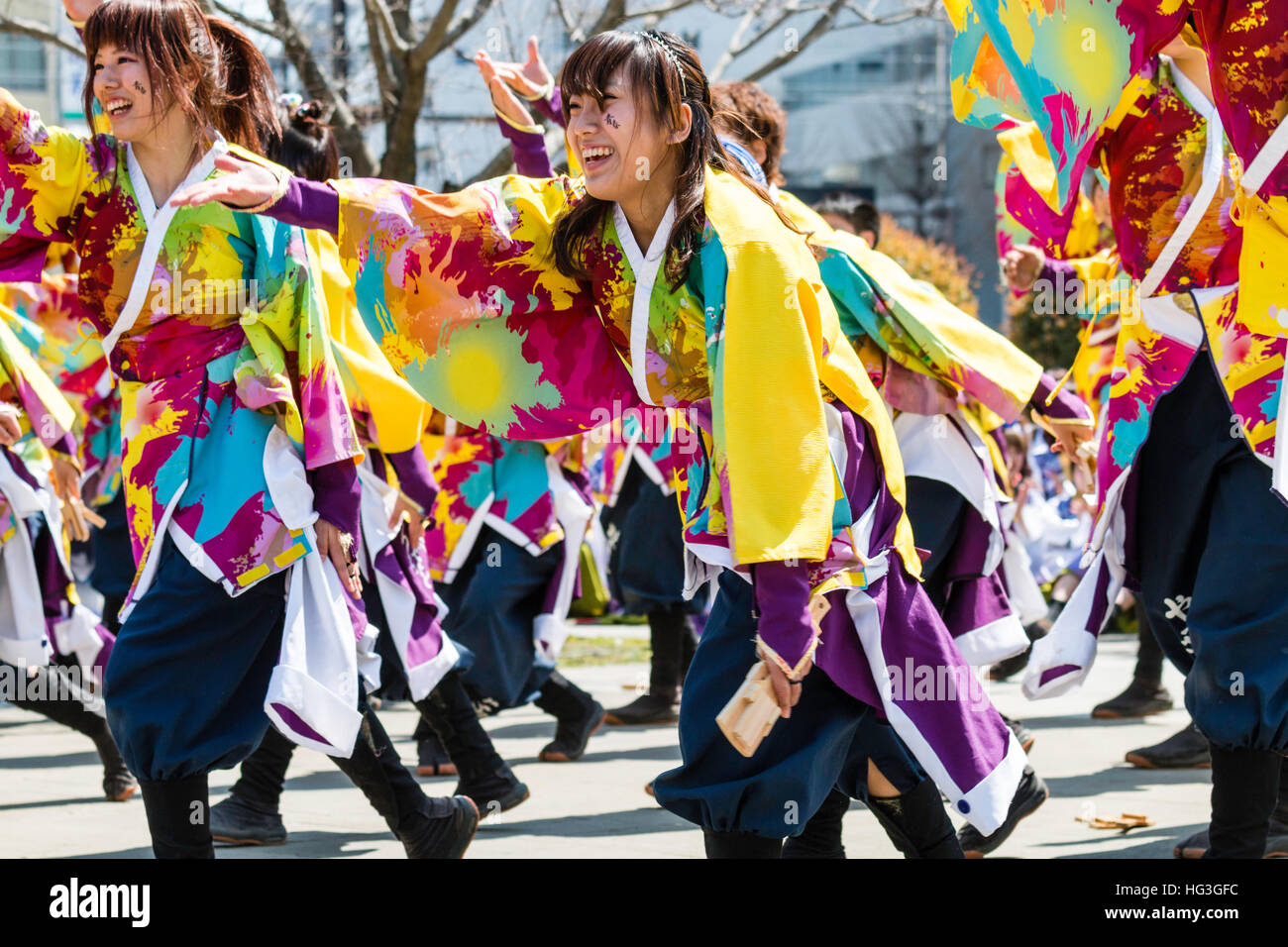 Japanese Yosakoi festival. University dance team dancing in public city ...