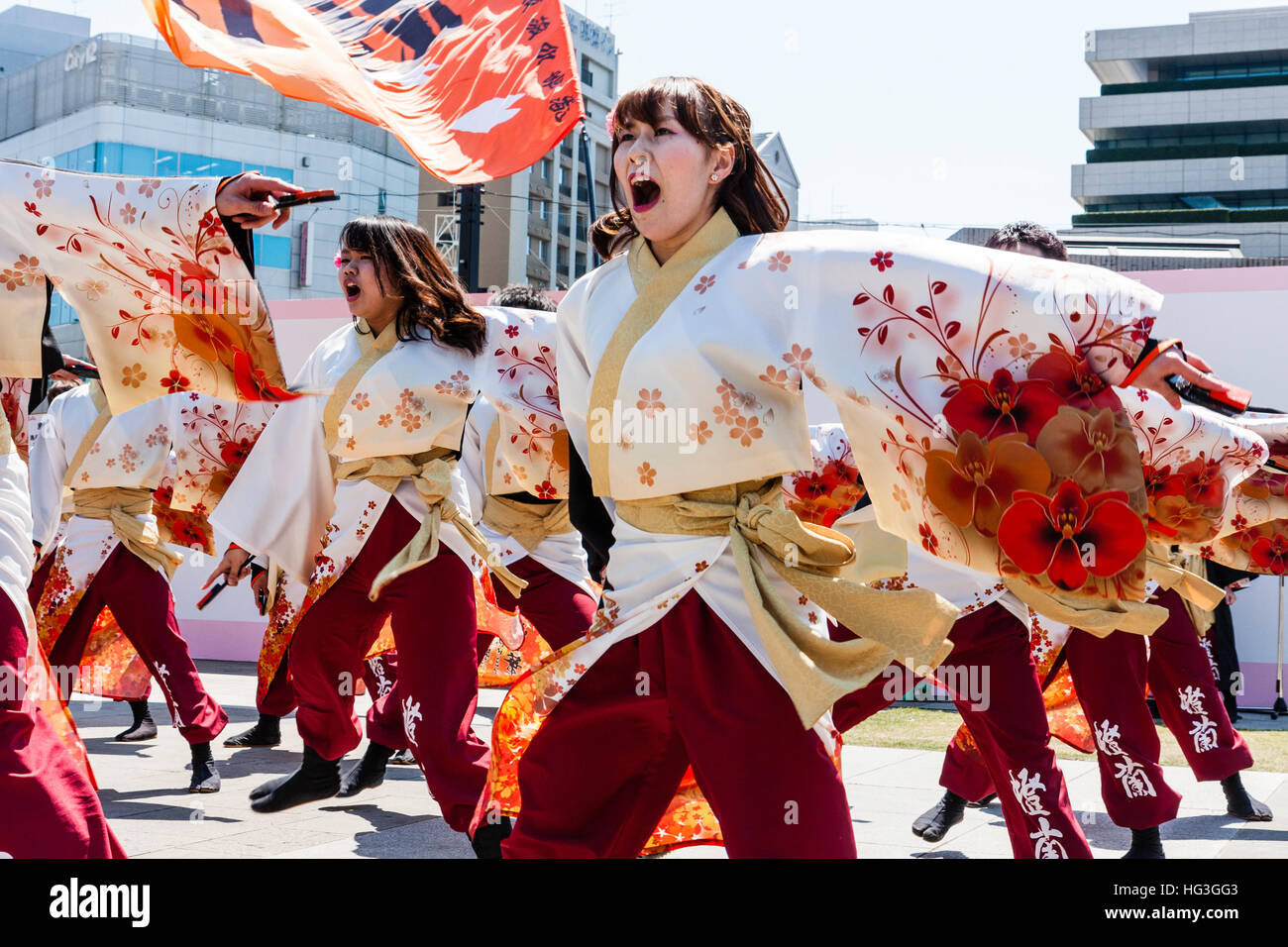 Japanese Yosakoi festival. University dance team dancing in public city ...