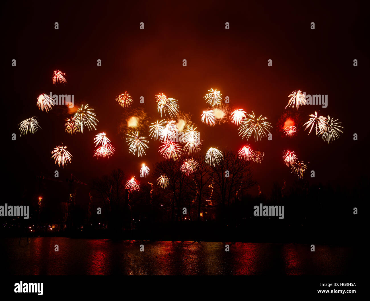 Beautiful fireworks during New Year’s Eve celebration in Riga, Latvia ...