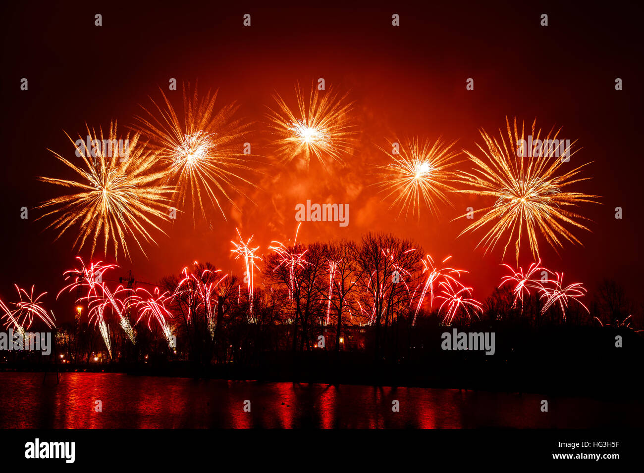 Beautiful fireworks during New Year’s Eve celebration in Riga, Latvia ...