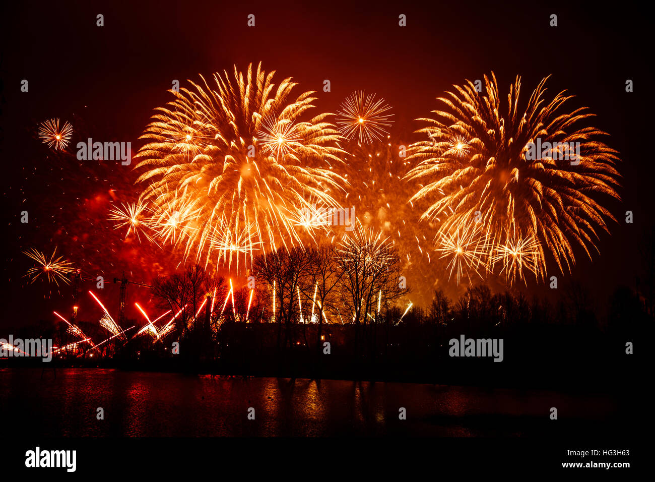 Beautiful fireworks during New Year’s Eve celebration in Riga, Latvia ...