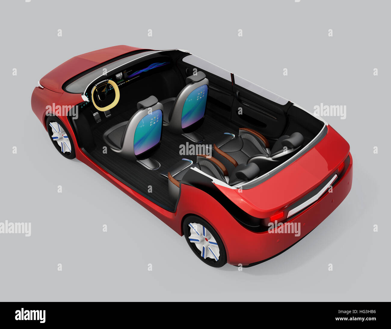 Self-driving car concept image. Use touch screen of front seats can ...