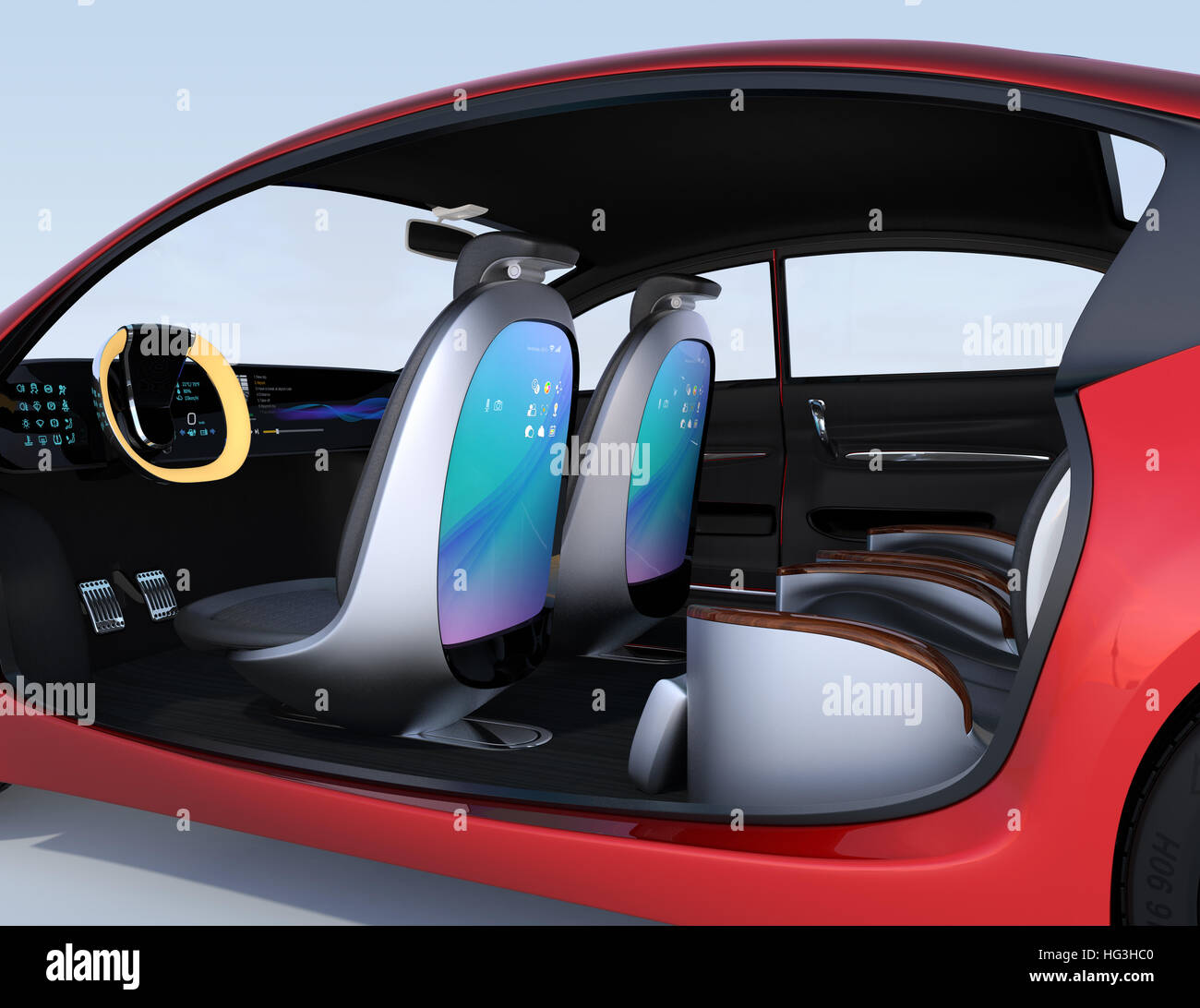 Self-driving car concept image. Use touch screen of front seats can ...